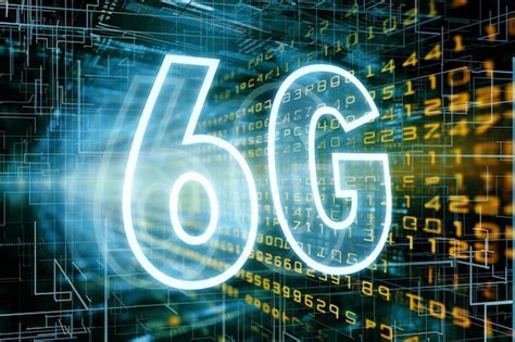 premium ai image glowing 6g icon on a matrix of digital numbers