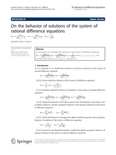 Pdf On The Behavior Of Solutions Of The System Of Rational Difference Equations