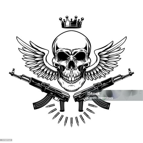 교차 돌격 소총을 가진 두개골의 그림 라벨 기호 엠블럼에 대한 디자인 요소 벡터 그림 기관총에 대한 스톡 벡터 아트 및 기타 이미지 Istock