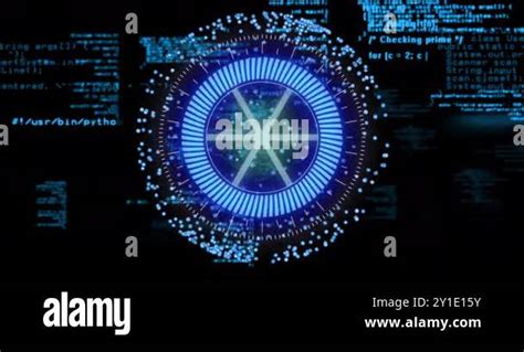 digital data processing animation over blue circular interface with