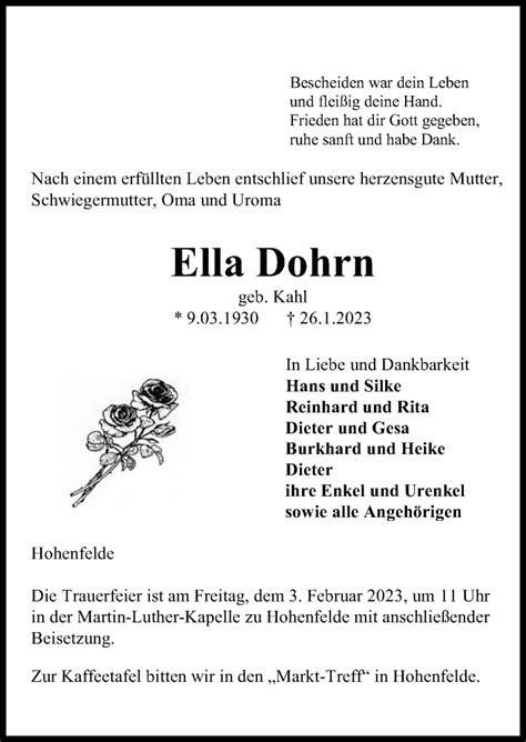Traueranzeigen Von Ella Dohrn Trauer Anzeigen De