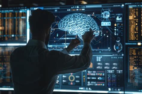 Person Interacting With Futuristic Data Visualization Screens Representing Advanced Technology