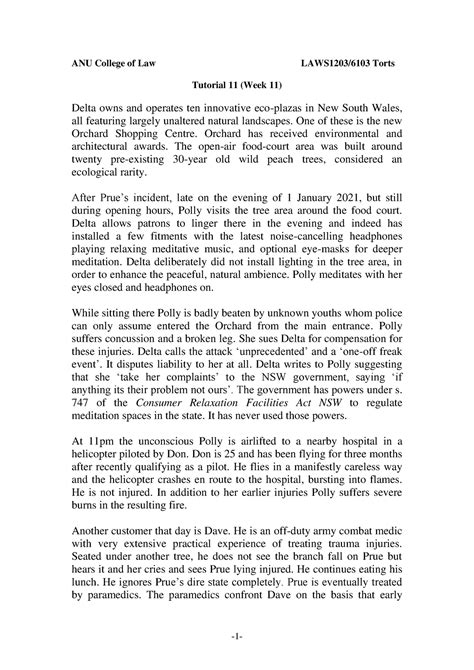 2021 Torts Tutorial Problem 11 Week 11 1 Anu College Of Law Laws1203