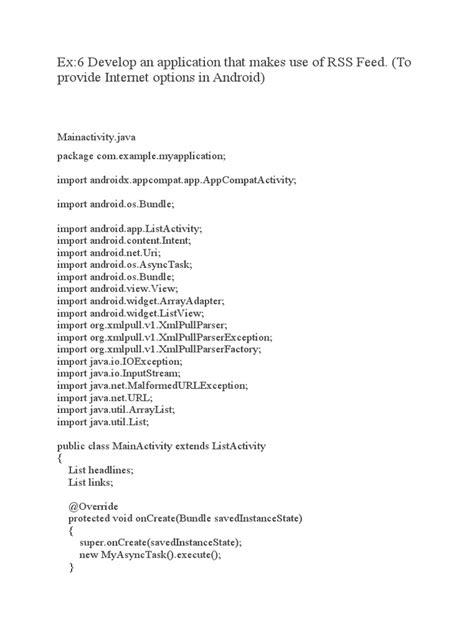 Ex6 Develop An Application That Makes Use Of Rss Feed To Provide Internet Options In Android