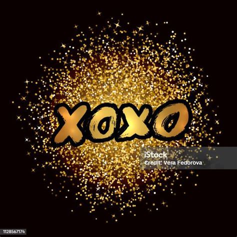 여 자가 손을 골드 반짝이 색종이 배경에 문구를 작성 포옹 하 고 키스 기호 그런 지 브러시 Xo 글자입니다 발렌타인의 날 인사말 카드 배너 포스터 전단지 엽서에 대 한