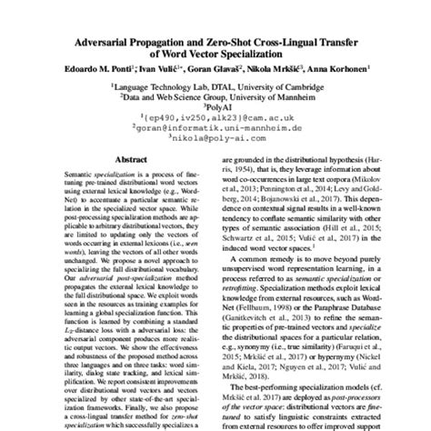 Adversarial Propagation And Zero Shot Cross Lingual Transfer Of Word Vector Specialization Acl