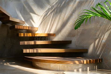 Modern Wooden Spiral Staircase With Sunlight And Shadows Stock