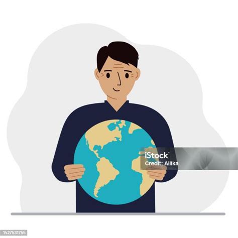 한 남자가 행성 지구를 그의 손에 맡깁니다 지구의 날 휴일 개념 지구를 구하기 지구 온난화 또는 기후 변화 구에 대한 스톡 벡터 아트 및 기타 이미지 Istock