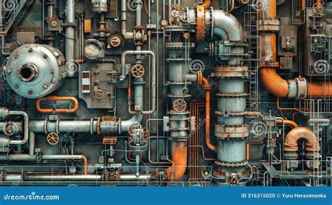 Intricate Industrial Pipeline System Featuring Various Pipes And Valves In A Close Up View Stock