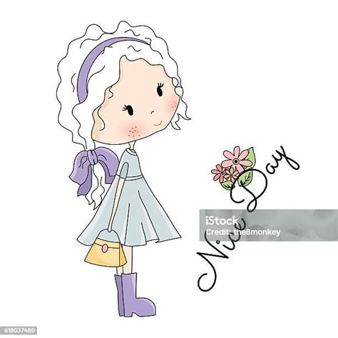 인형 벡터 일러스트레이션 아름다운 어린 소녀 와 가방 에 그녀의 귀여운에 대한 스톡 벡터 아트 및 기타 이미지 귀여운 금발
