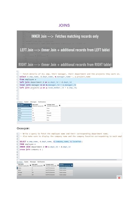 Joins Summary Joins Cross Join Sub Query Scalar Sub Query
