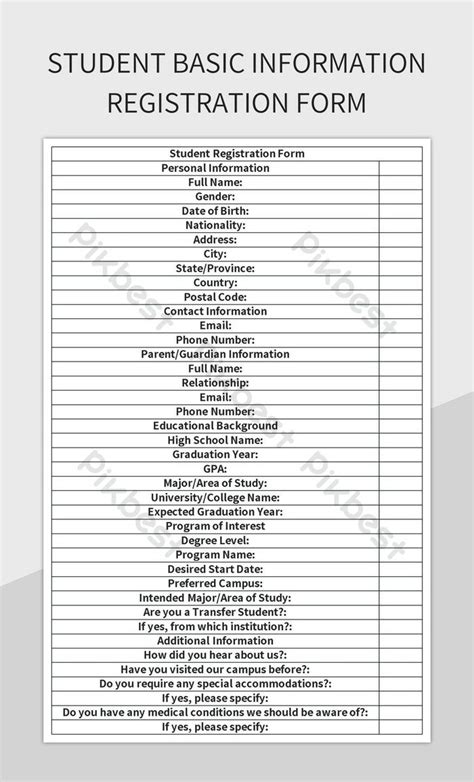 Student Basic Information Registration Form Excel Template Free