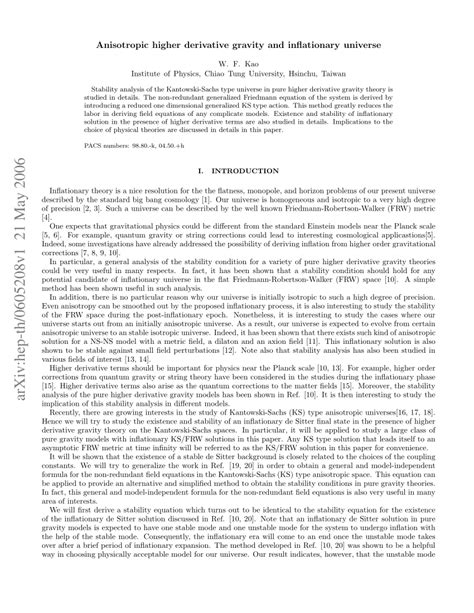 Pdf Anisotropic Higher Derivative Gravity And Inflationary Universe