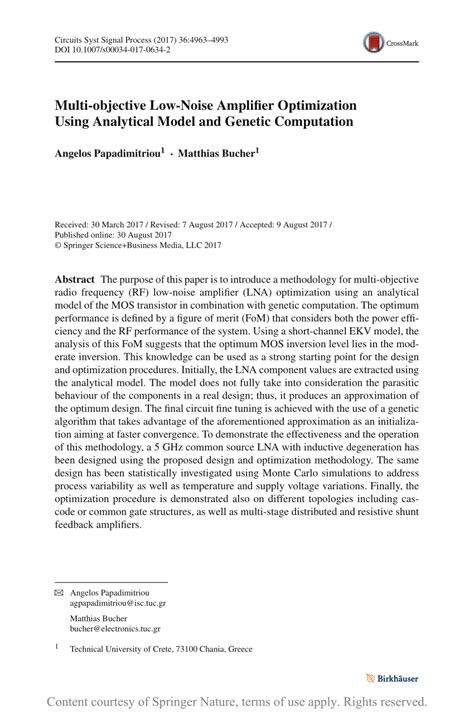 Multi Objective Low Noise Amplifier Optimization Using Analytical Model And Genetic Computation