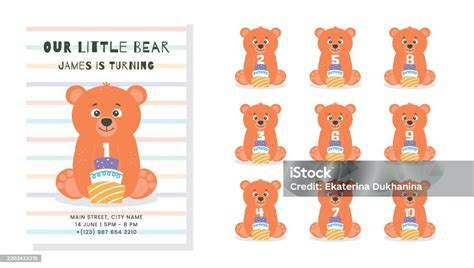 아이들을위한 인사말 및 초대장 생일 파티 귀여운 아기 곰과 케이크는 플랫 어린이 스타일에 숫자가 있습니다 벡터 일러스트 레이 션 카드 포스터 배너 디자인 0명에 대한 스톡