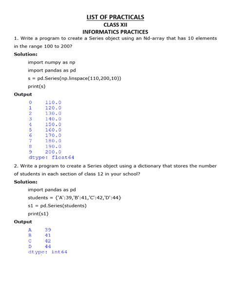 Class Xii Ip List Of Practicals With Coding 2020 Pdf Data