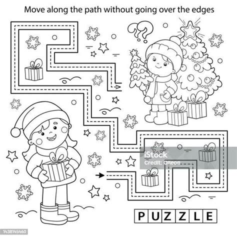 필기 연습 시트 간단한 교육 게임 또는 미로 색칠하기 개요 크리스마스 트리에서 선물을 가진 만화 아이들 크리스마스 새해 아이들을위한 색칠하기 책 겨울에 대한 스톡 벡터 아트