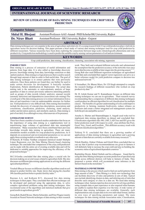 pdf review of literature of data mining techniques for crop yield