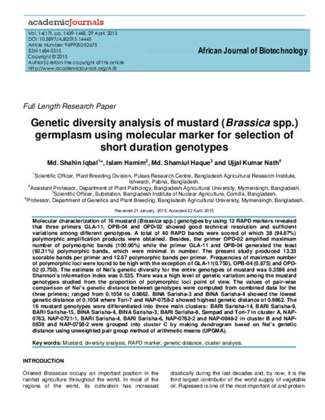 Pdf Genetic Diversity Analysis Of Mustard Brassica Spp Germplasm