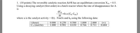 Solved l. (10 points) The reversible catalytic reaction A R | Chegg.com