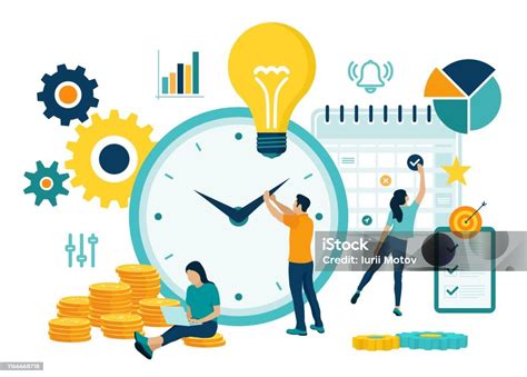 성공적이고 수익성 있는 비즈니스를 위한 시간 관리 계획 조직 및 제어 개념 작업 시간 관리의 개념 비즈니스 팀 문자가 있는 벡터 그림입니다 경영자에 대한 스톡 벡터 아트 및