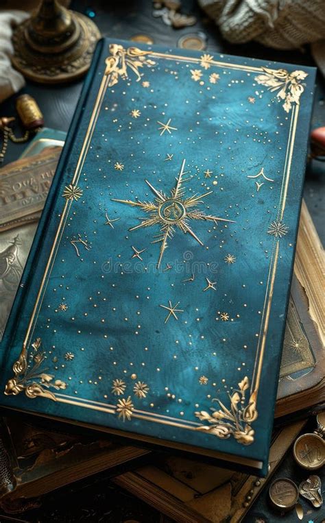 Elegant Teal Book Cover With Gold Star Design And Antique Details Stock
