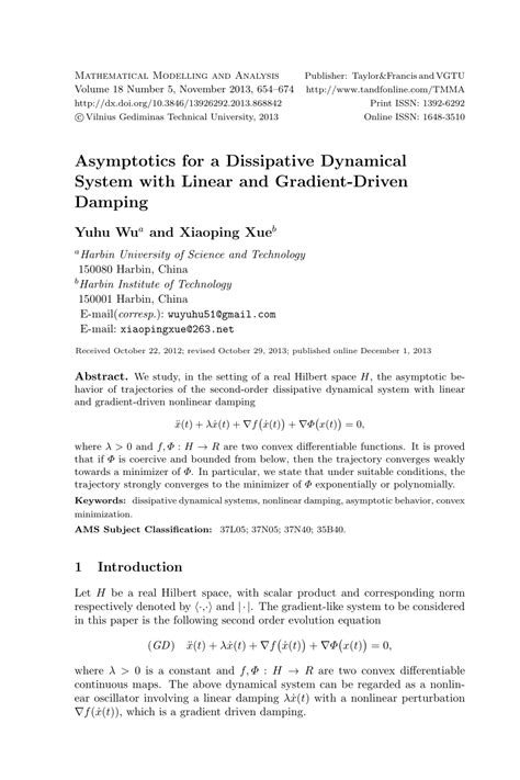 Pdf Asymptotics For A Dissipative Dynamical System With Linear And