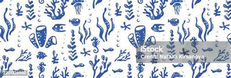 해저 세계 바다 거북 해파리 물고기 조류 및 산호가 있는 추상적인 패턴입니다 직물 섬유 벽지 카드에 대 한 벡터 반복 패턴 0명에 대한 스톡 벡터 아트 및 기타 이미지