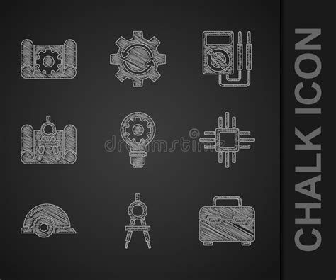 Set Light Bulb And Gear Drawing Compass Toolbox Processor With