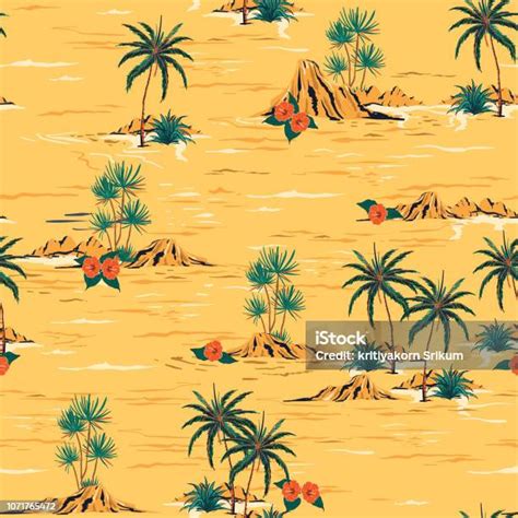 밝은 여름 분위기 패턴 원활한 섬 야자수 해변 바다와 풍경 벡터 손으로 그린 스타일 0명에 대한 스톡 벡터 아트 및 기타 이미지 0명 꽃 식물 나무 Istock