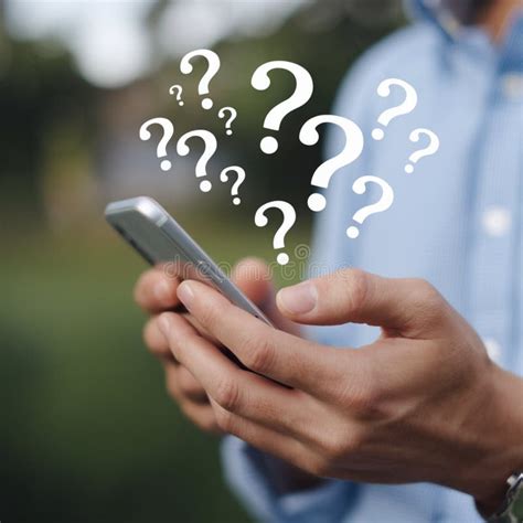 hand holds smartphone with floating question marks suggesting queries