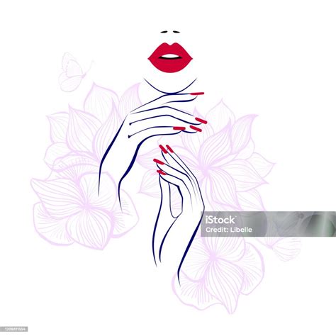 빨간 입술 빨간 매니큐어 손톱손 뷰티 로고 손톱 예술 벡터 삽화 Diadem 꽃 나비 꽃 동기 추상 꽃 스파 살롱 기호 기호