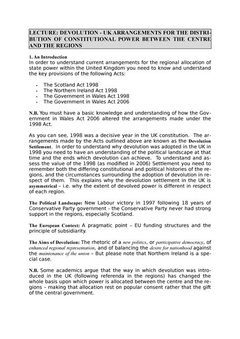Lw1pl1 Devolution And Brexit 2019 20 Lecture Devolution Uk Arrangements For The Distri