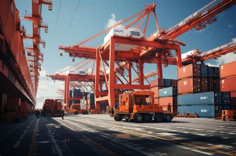 Premium AI Image Container Terminal With Cranes In Action Generative AI