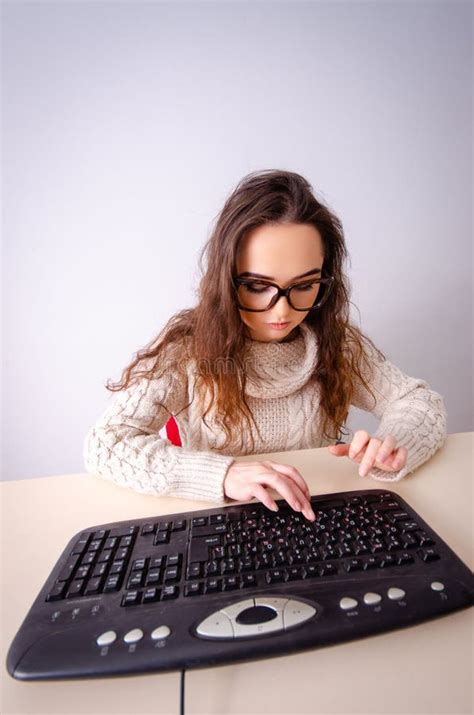 The Funny Nerd Girl Working On Computer Stock Image Image Of Attack