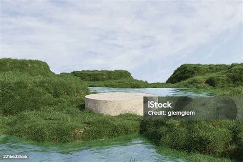 추상 3d 렌더링 플랫폼 및 모형 자연 배경 잔디밭 배경 초원 산 및 호수에 돌 연단 제품 스탠드 디스플레이 광고 또는 등 언덕에 대한 스톡 사진 및 기타 이미지 Istock