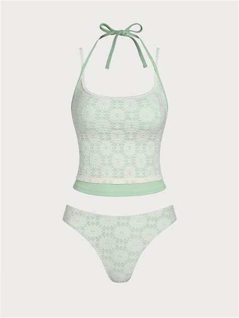 Womens Light Green Contrast Lace Tankini Swimsuit And Reviews Light Green Tankinis Samiolswim