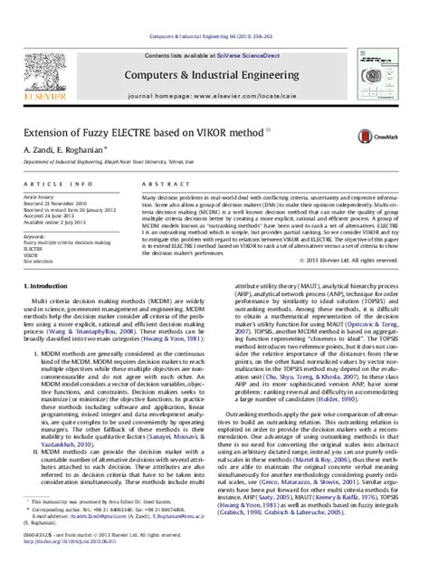 Pdf Extension Of Fuzzy Electre Based On Vikor Method Emad Roghanian
