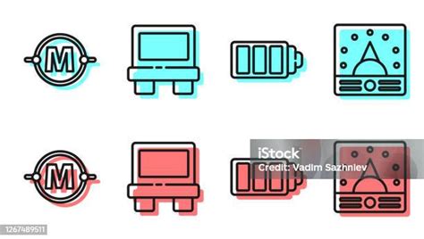 세트 라인 배터리 충전 레벨 표시기 전기 회로 구성 표 퓨즈 및 암페어 미터 멀티 미터 볼트계 아이콘 벡터 맹공에 대한 스톡