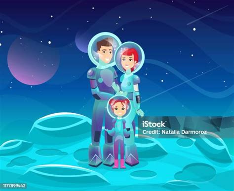 우주 비행사 가족 평면 벡터 그림입니다 쾌활한 어머니 아버지와 딸 만화 캐릭터 우주 모험에 아이와 행복한 커플 우주 탐험가 미래