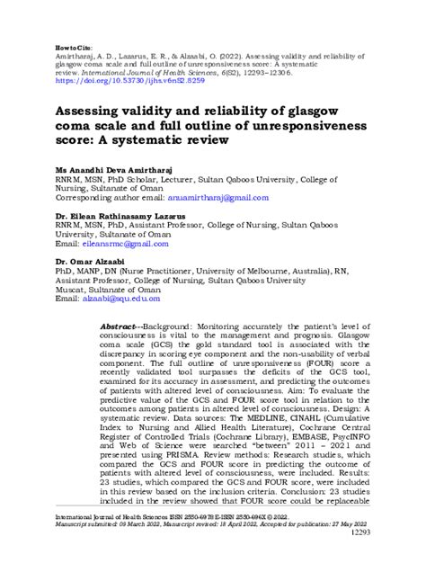 Pdf Assessing Validity And Reliability Of Glasgow Coma Scale And Full Outline Of