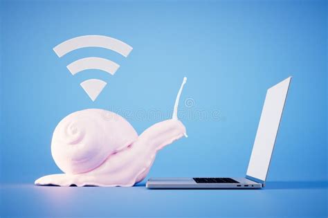 Slow Wi Fi Connection A Laptop And A Snail On A Wi Fi Icon On A Blue Background Stock