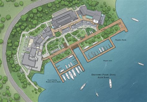 Illustrated Map Of A Marina Surrounded By Trees Featuring Multiple