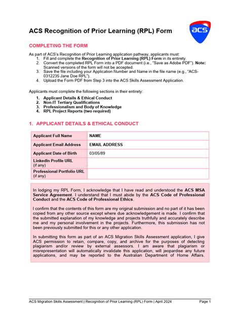 Acs Recognition Of Prior Learning Rpl Form 2024 V2 Pdf Computing