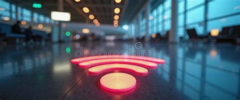 Glowing Red Wi Fi Symbol On Airport Floor Modern Connectivity Concept Stock Illustration