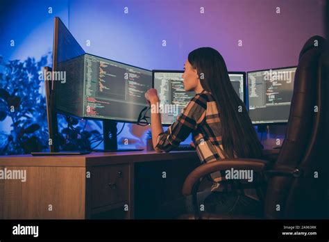 Back Rear Turned View Photo Of Concentrated Woman Programming New