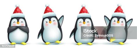 펭귄 크리스마스 캐릭터 벡터 세트 3d 펭귄 캐릭터는 친절하고 귀여운 포즈와 제스처와 산타 모자와 함께 크리스마스 컬렉션 디자인을 위해 흰색 배경에 고립되어 있습니다 펭귄에