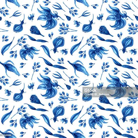 단색 수채화 이음새가 없는 패턴은 추상적인 파란색 마법의 꽃과 물고기로 초대장 패턴 직물 월페이퍼 스티커를 제공합니다 흰색 배경에 분리된 요소 0명에 대한 스톡 벡터 아트