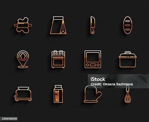 세트 라인 토스터 우유 종이 패키지 반죽에 롤링 핀 오븐 장갑 주방 거품기 요리 냄비 및 전자 저울 아이콘 벡터 가정 생활에 대한 스톡 벡터 아트 및 기타 이미지 Istock