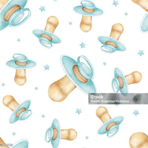 파란 아기의 더미 또는 노리개 갓 태어난 소년을 위한 젖꼭지가 있는 귀여운 아기 수채화 패턴입니다 아이 좋은 상점 카드 베이비 샤워 아이 방 장난감을 위한 배경 0명에 대한